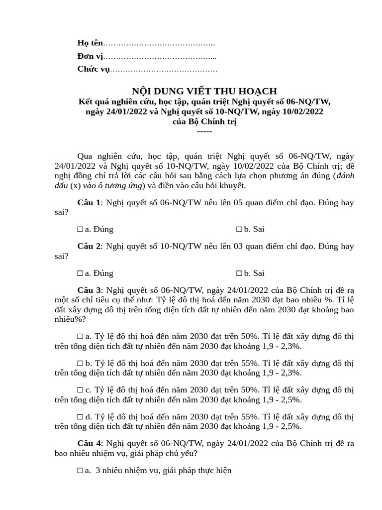 ND Viết Thu Hoạch NQ 06, 10 Của BCT | PDF