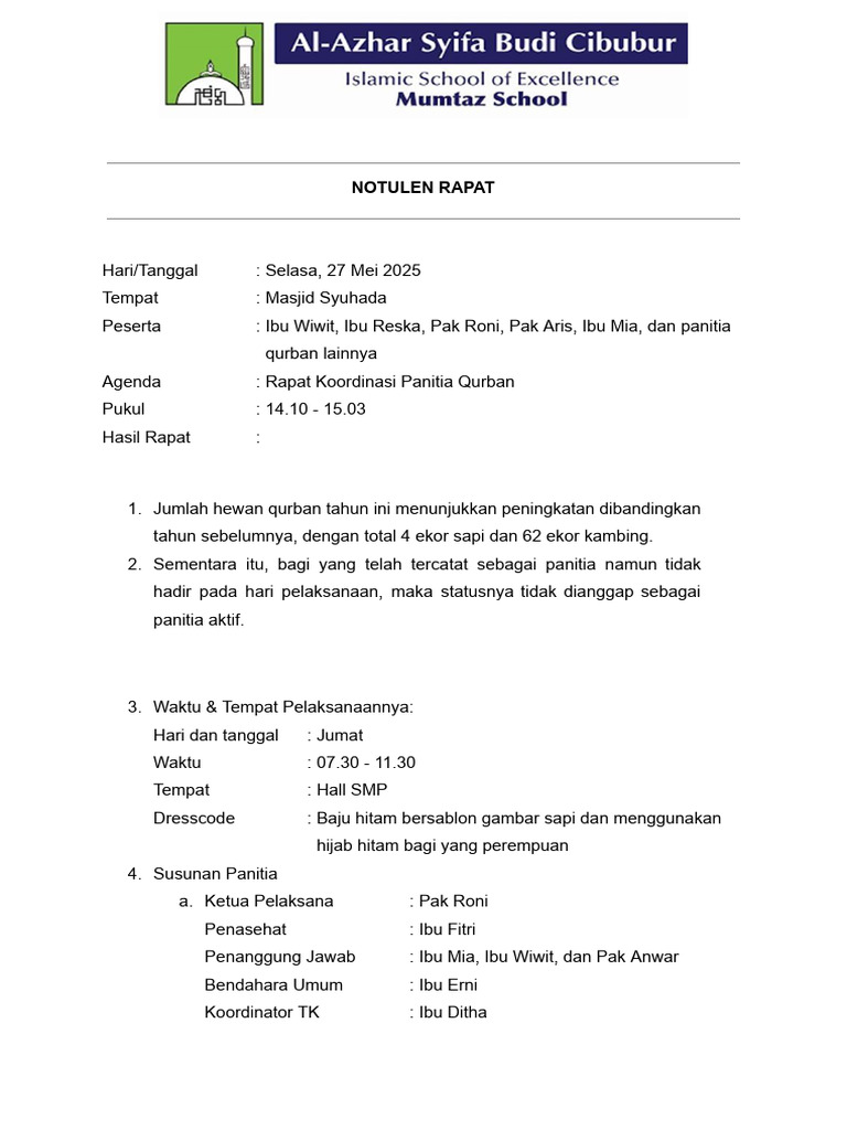 Notulensi Rapat Koordinasi Panitia Qurban (27 Mei 2025) | PDF
