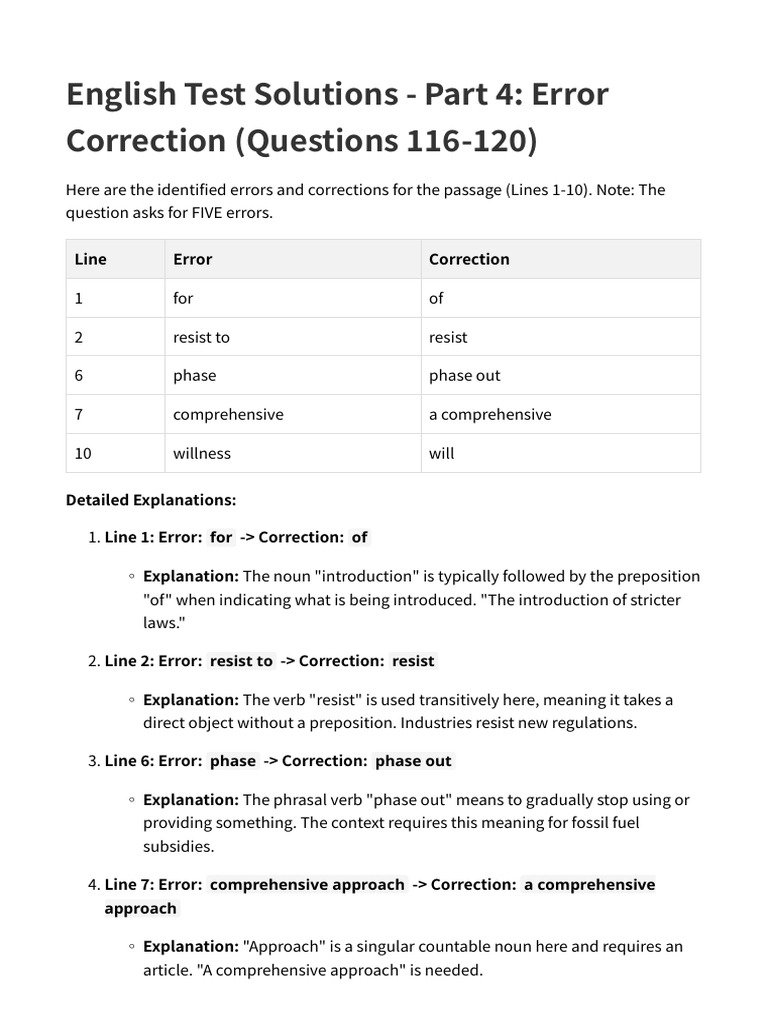 English Test Solutions - Part 4 - Error Correction (Questions 116-120 ...