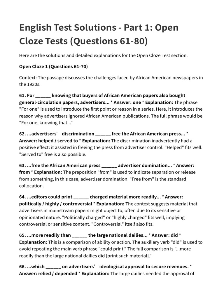 English Test Solutions - Part 1 - Open Cloze Tests (Questions 61-80 ...