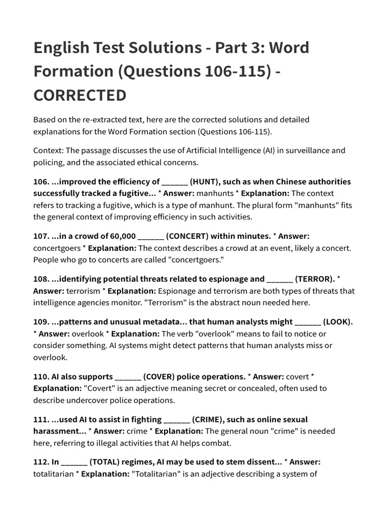 English Test Solutions - Part 3 - Word Formation (Questions 106-115 ...