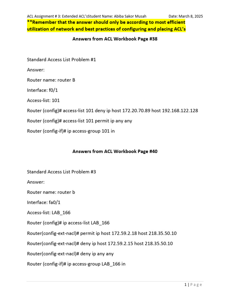 ACL Assignment #2 Student Answer Sheet | PDF | Router (Computing) | Internet Protocol Suite