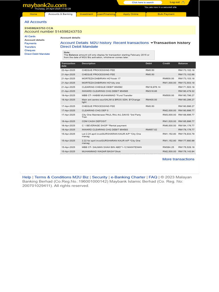 Maybank Cheque Account Transactions | PDF | Debit Card | Cheque