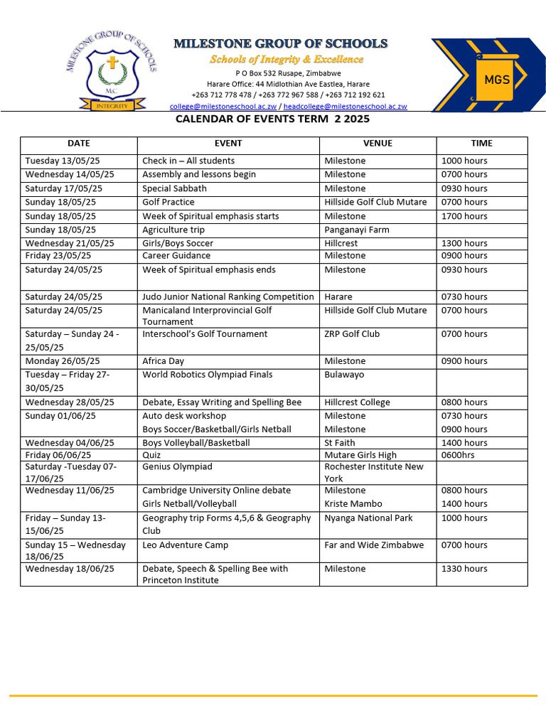 Calendar of Events Term 2 2025 Updated | PDF