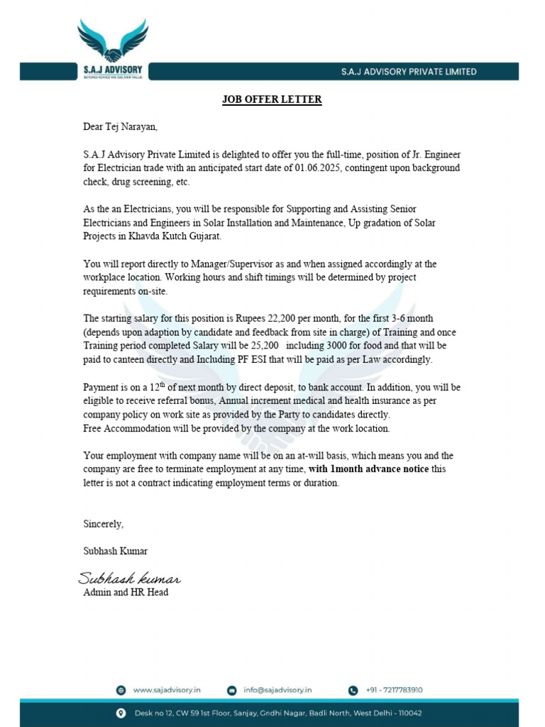 Job Offer Letter For Tej Narayan Son of Pramod Keshri | PDF