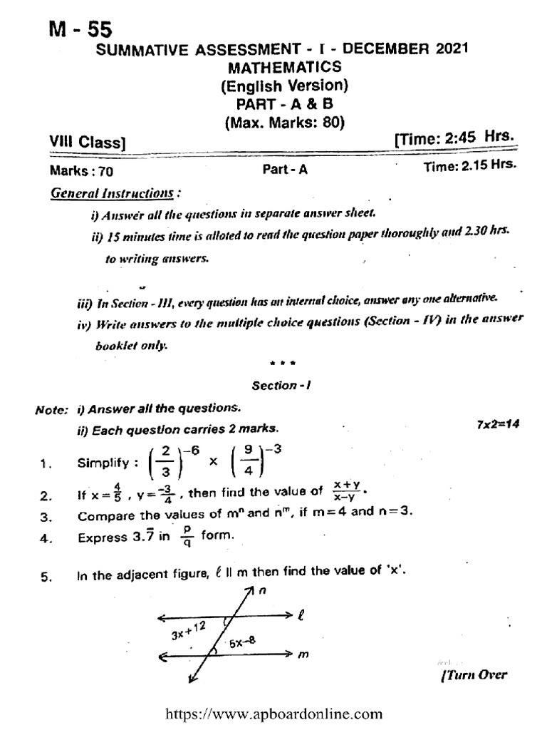 Httpswww.apboardonline.compapersap Class 8 Mathematics English Version ...