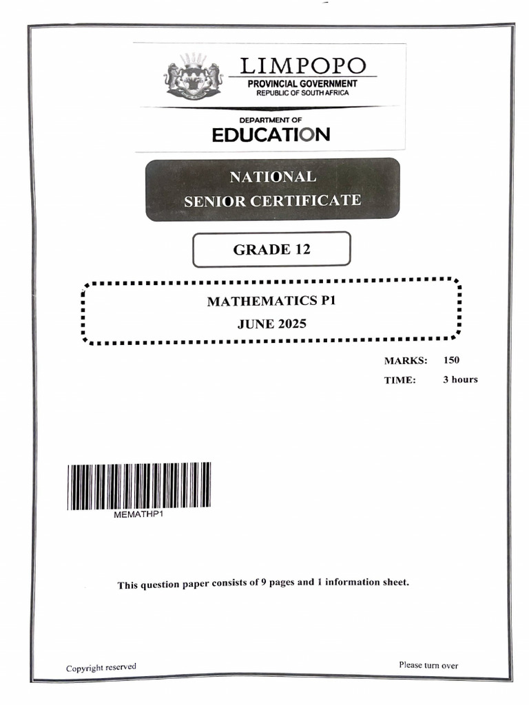Limpopo Grade 12 Maths P1 June 2025 Memo | PDF | Asymptote | Cartesian ...
