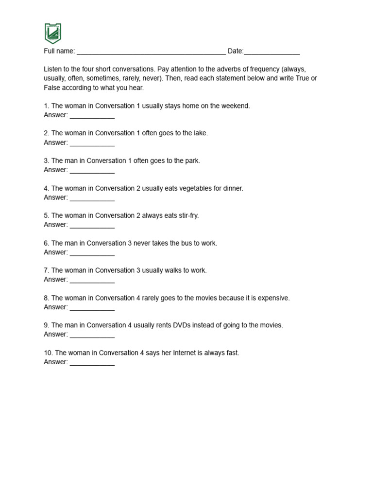 Listening Exercises: Frequency Adverbs | PDF