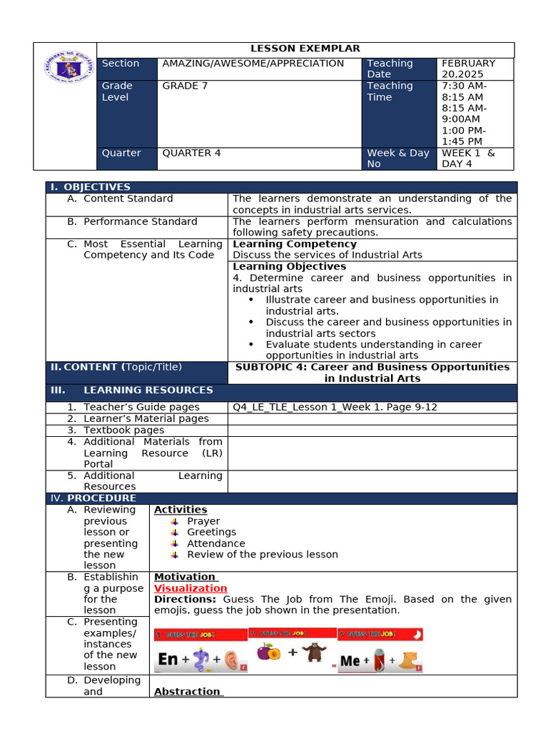 Lp-Final Day 4 (Tle - Industrial Arts) | PDF | Learning | Teachers