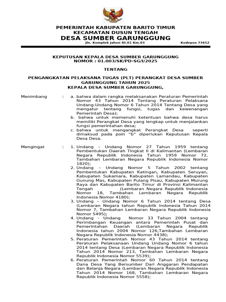 SK Pengangkatan PLT Perangkat Desa 2025 | PDF