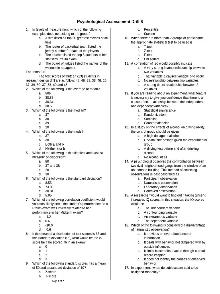 Psychological Assessment Drill 6 Questions | PDF | Experiment ...