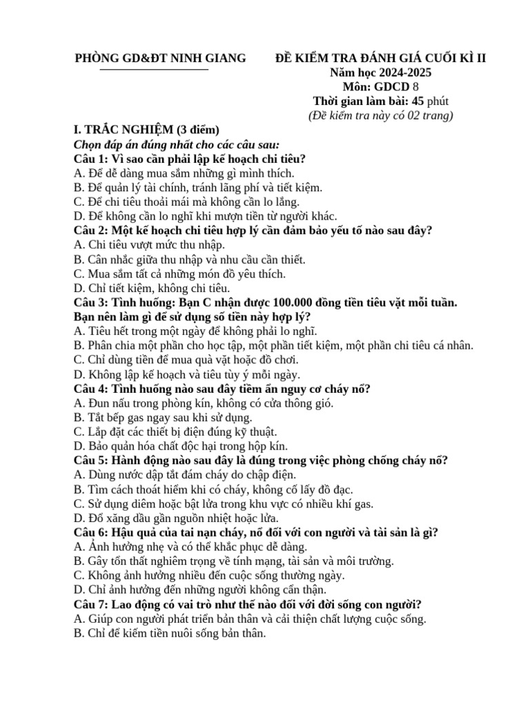 GDCD 8 - ĐỀ KIỂM TRA | PDF