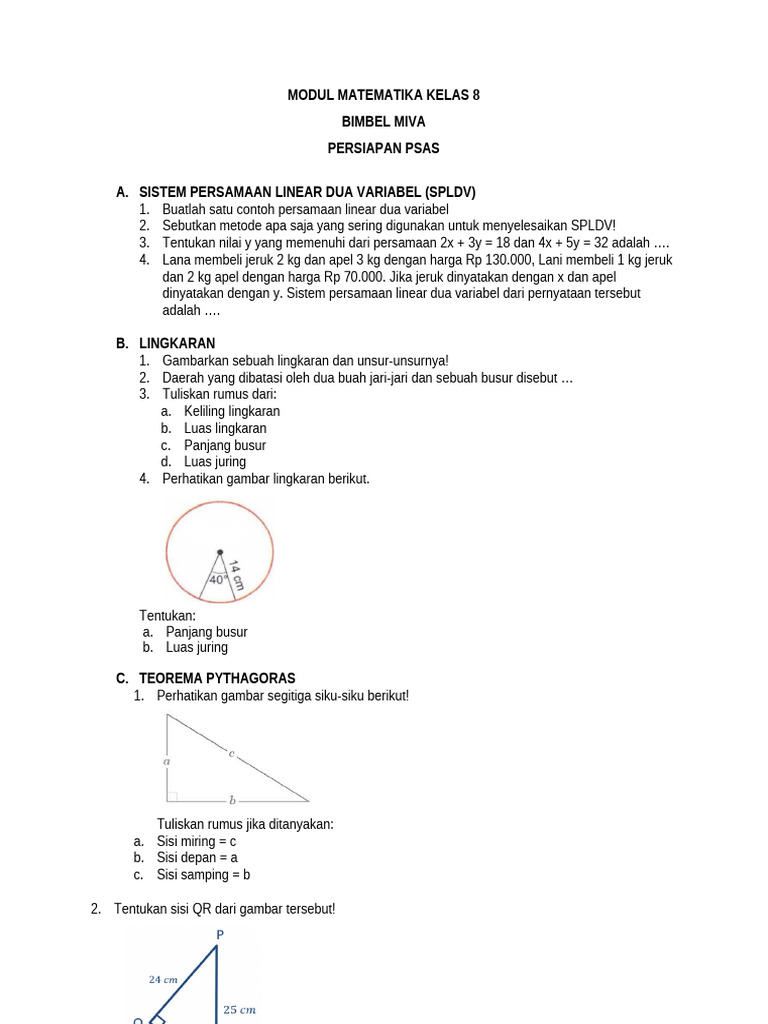 Latihan Soal Psas Matematika Kelas 8 Semester 2 | PDF