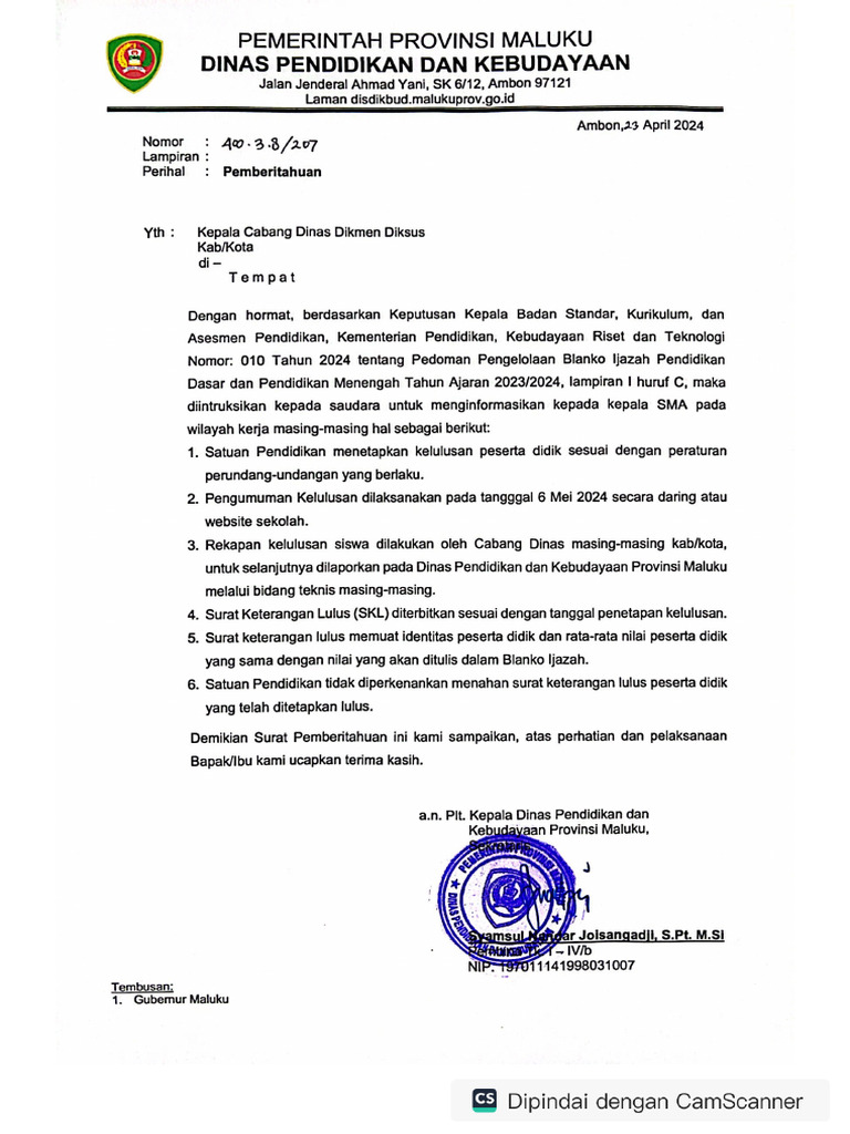 Surat Pemberitauan Kelulusan SMA 2024 | PDF