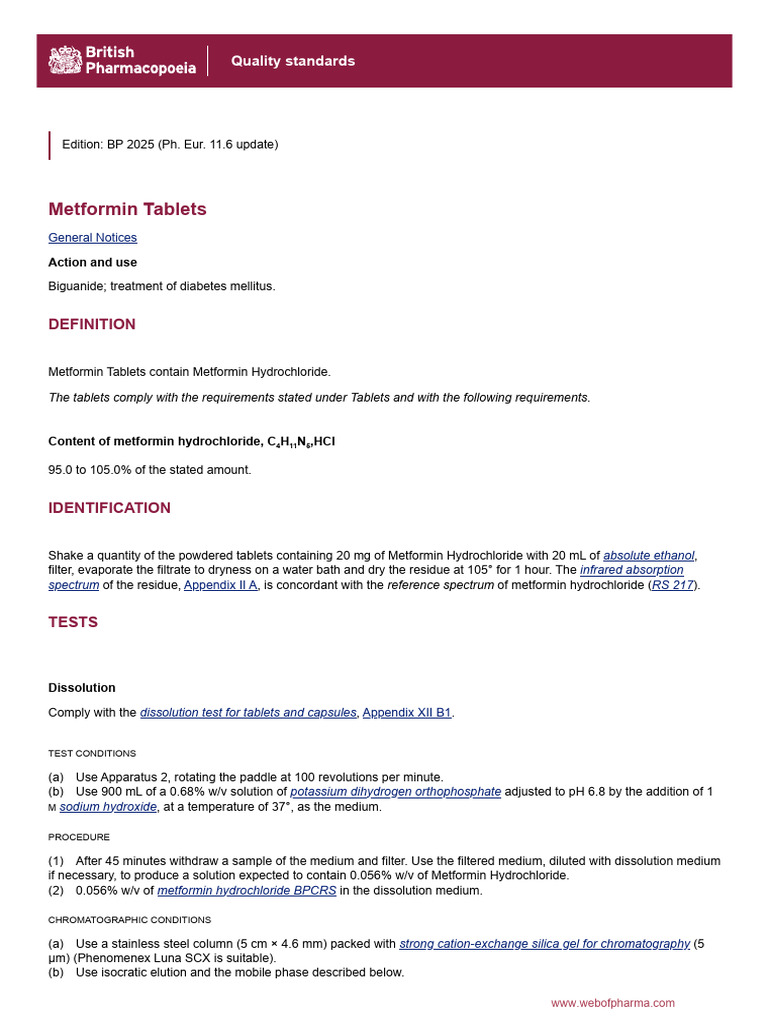 Metformin Tablets - British Pharmacopoeia | PDF | Chromatography | High ...