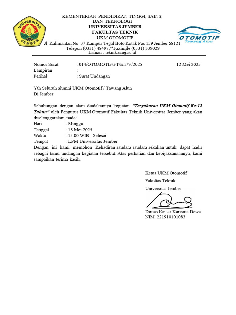 Template Surat Undangan Kepada Alumni Dan Dosen | PDF