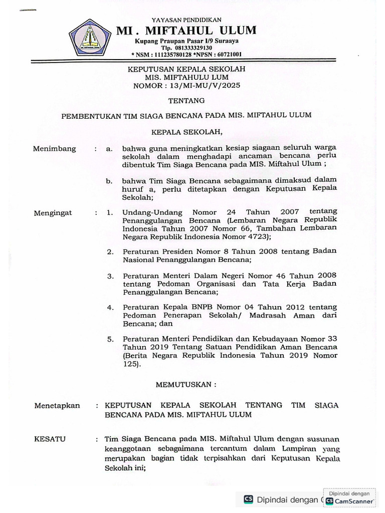 SK Tim Siaga Bencana Mi Miftahul Ulum | PDF