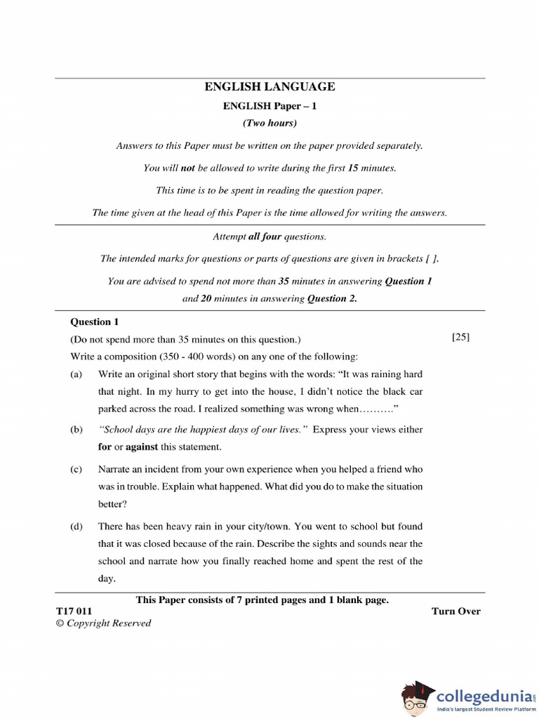 ICSE Class 10 English Paper 1 Question Paper 2017 | PDF