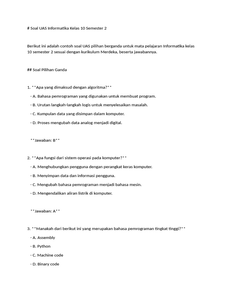 Soal Dan Jawaban Uas Informatika Kelas 10 | PDF