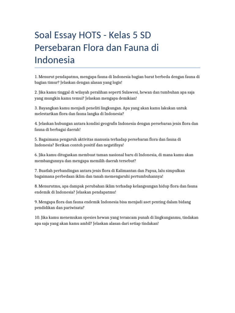 Soal Essay HOTS IPAS Kelas5 FloraFauna | PDF