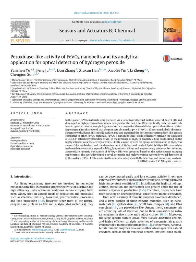FeVO4 Nanobelts for H2O2 Detection | PDF | X Ray Photoelectron ...