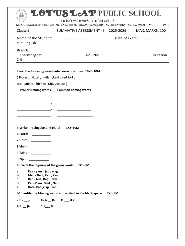 Sa Question Paper Format Class - 1 | PDF