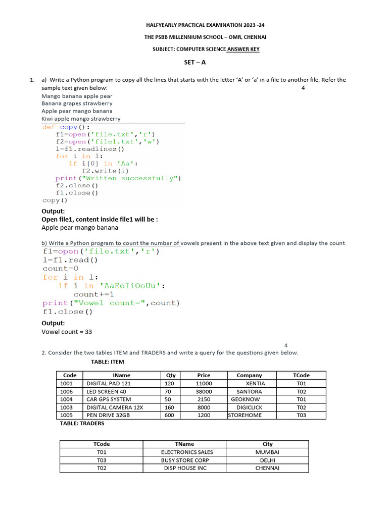 Cbse Cs Practicals Answer Key Ay 2023-34 | PDF | Computer Data | Computer Programming