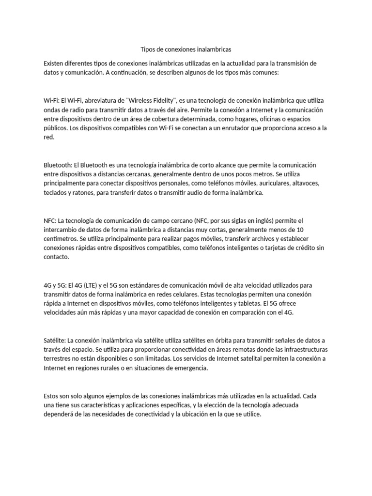 Tipos de Conexiones Inalambricas en El Mundo | PDF | Red inalámbrica | Wifi