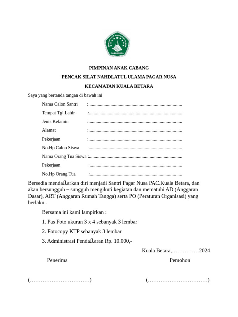 Formulir Pendaftaran Psnu Kube | PDF