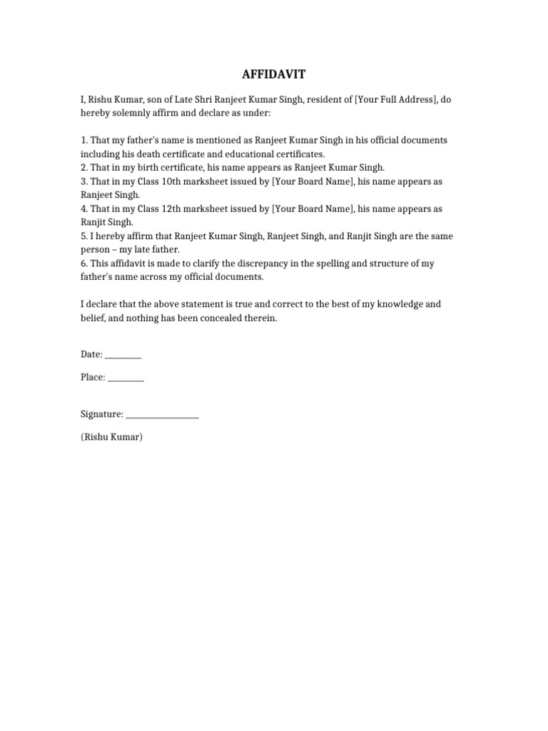Affidavit for Late Father's Name Clarification | PDF