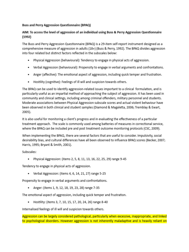 Buss and Perry Aggression Questionnaire | PDF | Aggression | Anger