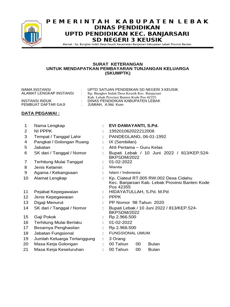 Surat Keterangan Tunjangan Keluarga PPPK | PDF
