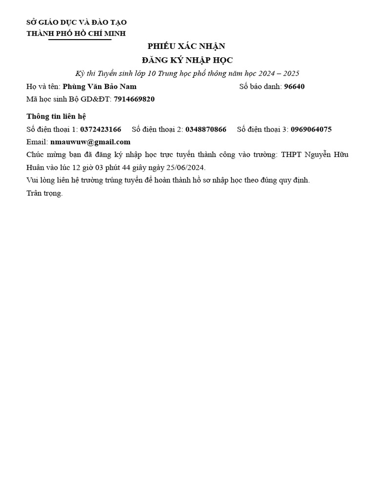 Phieu Xac Nhan Nhap Hoc PhungVanBaoNam | PDF