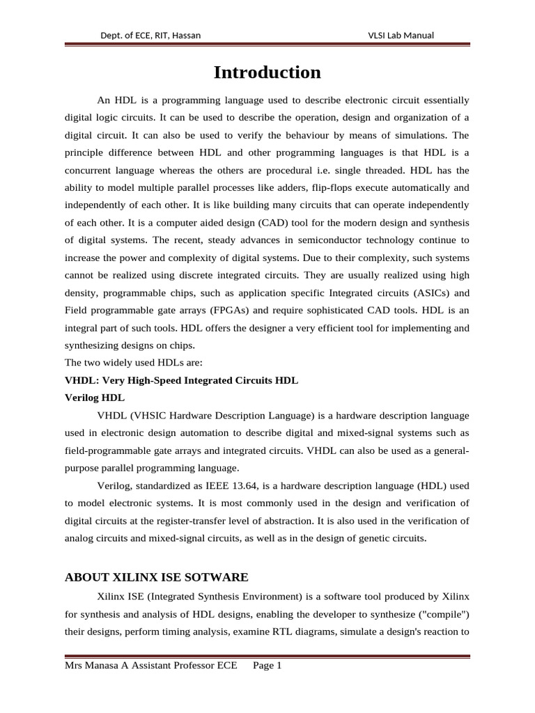 VLSI Lab Manual Complete (1) - 1 | PDF | Hardware Description Language | Computer Engineering