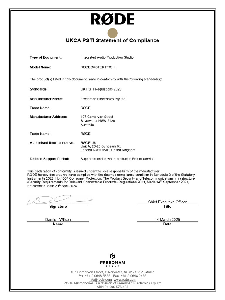 Rodecaster Pro II - Uk Psti Statement of Compliance | PDF