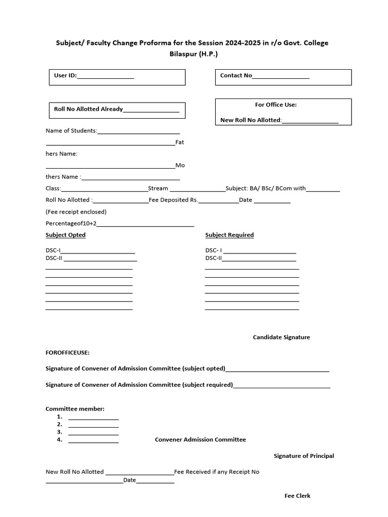 Subject Change Proforma For The Session 2024 25 | PDF