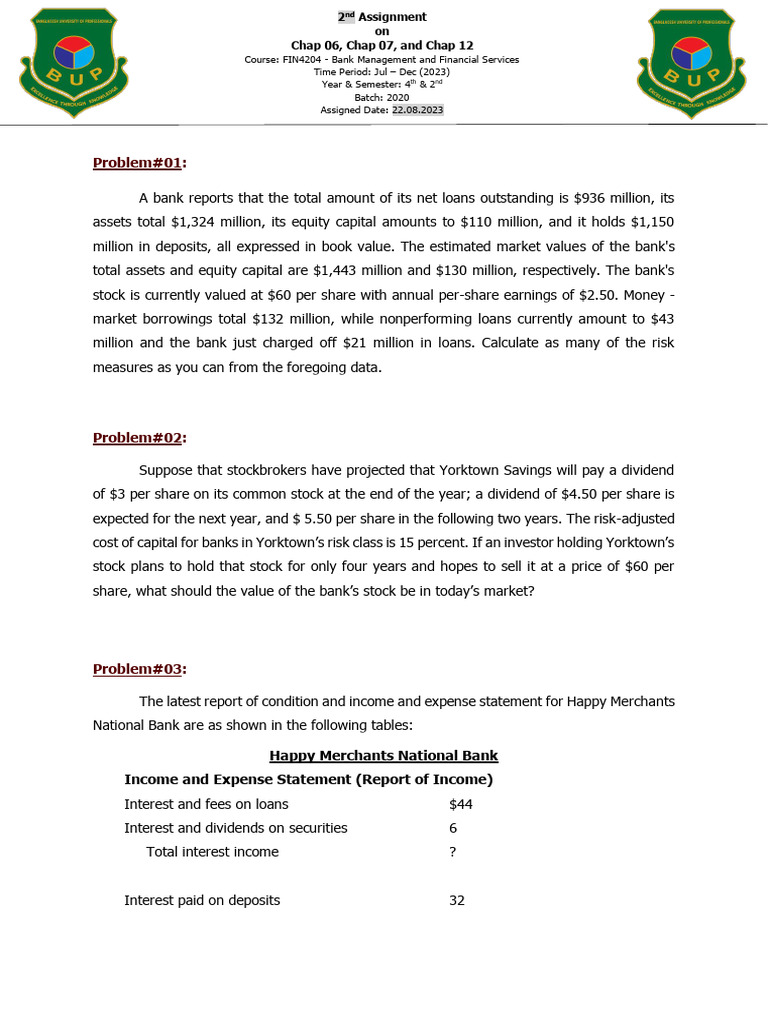 Assignment#02 On Chap 06 and Chap 07 | PDF | Banks | Interest