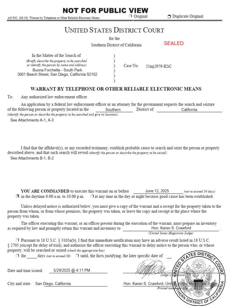 San Diego Search Warrant for Buona Forchetta | PDF