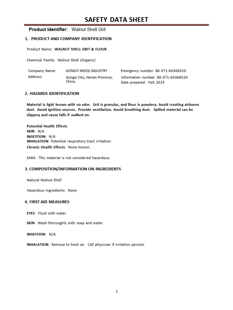 Walnut Shell MSDS Serbuk Organik | PDF | Hazards | Occupational Safety ...