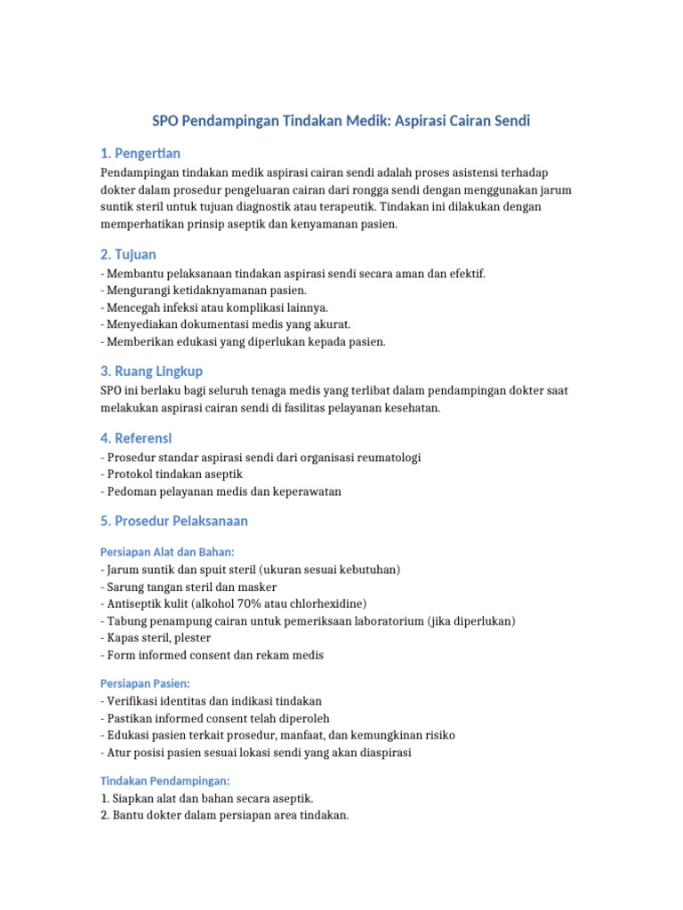 SPO Pendampingan Tindakan Medik Aspirasi Cairan Sendi | PDF