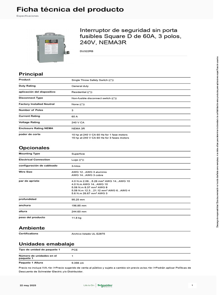 Schneider Electric Interruptores-generales-De-seguridad DU322RB | PDF ...