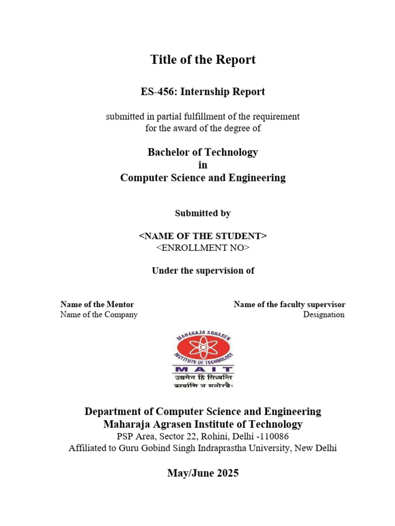 Cover Page- ES-456 Internship Report Format | PDF