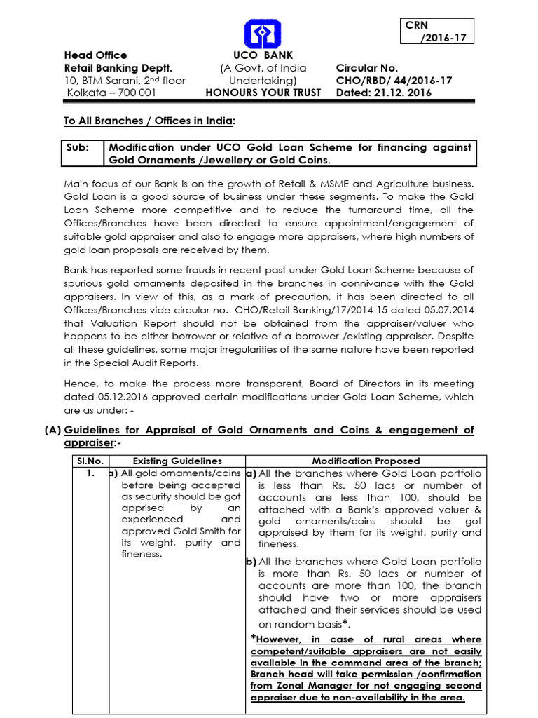 UCO Bank Gold Loan Scheme Modifications | PDF | Real Estate Appraisal ...