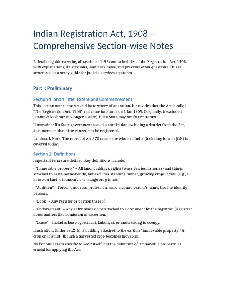 Registration Act, 1908: Study Notes | PDF | Government | Common Law