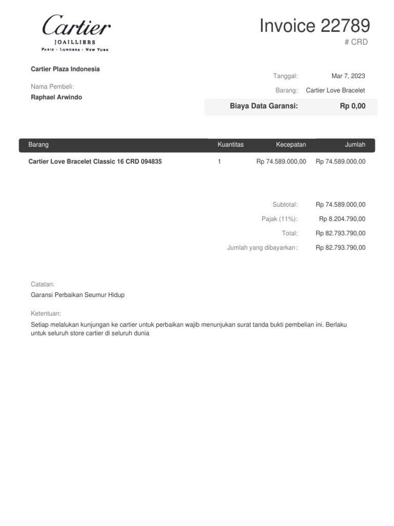 Invoice Cartier Love Bracelet | PDF