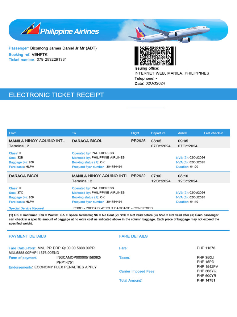 Electronic Ticket Receipt 07oct For James Daniel JR Bicomong | PDF