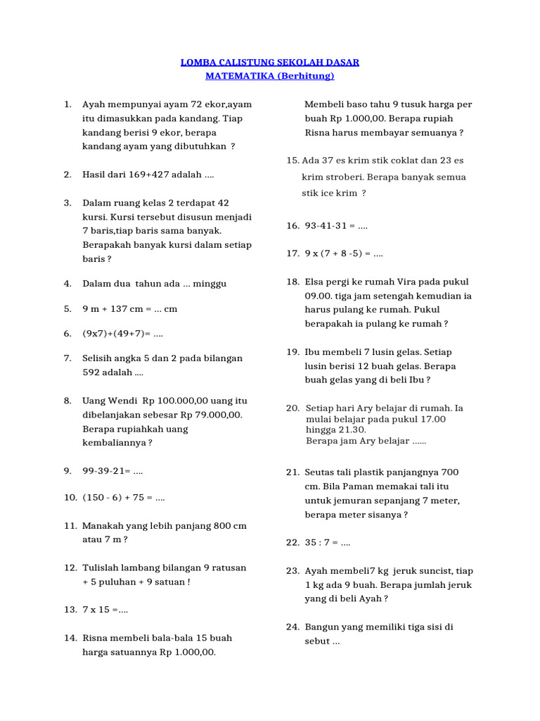 Soal Calistung Kelas 2 MTK | PDF