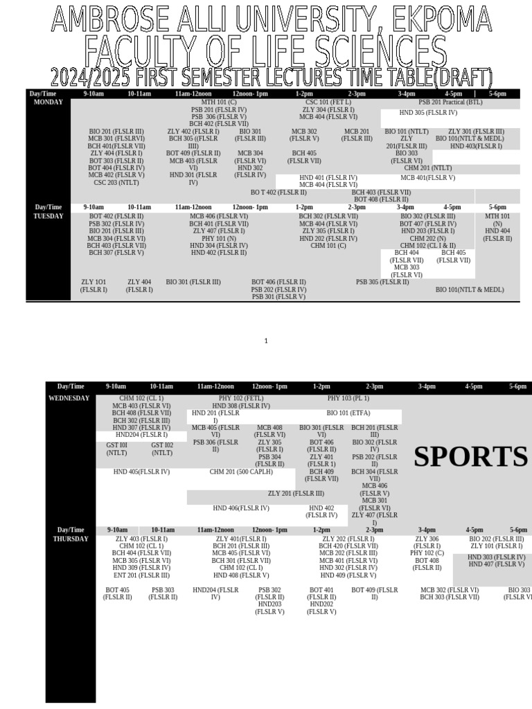 2024-2025 First Semester Lectures Time Table Draft | PDF