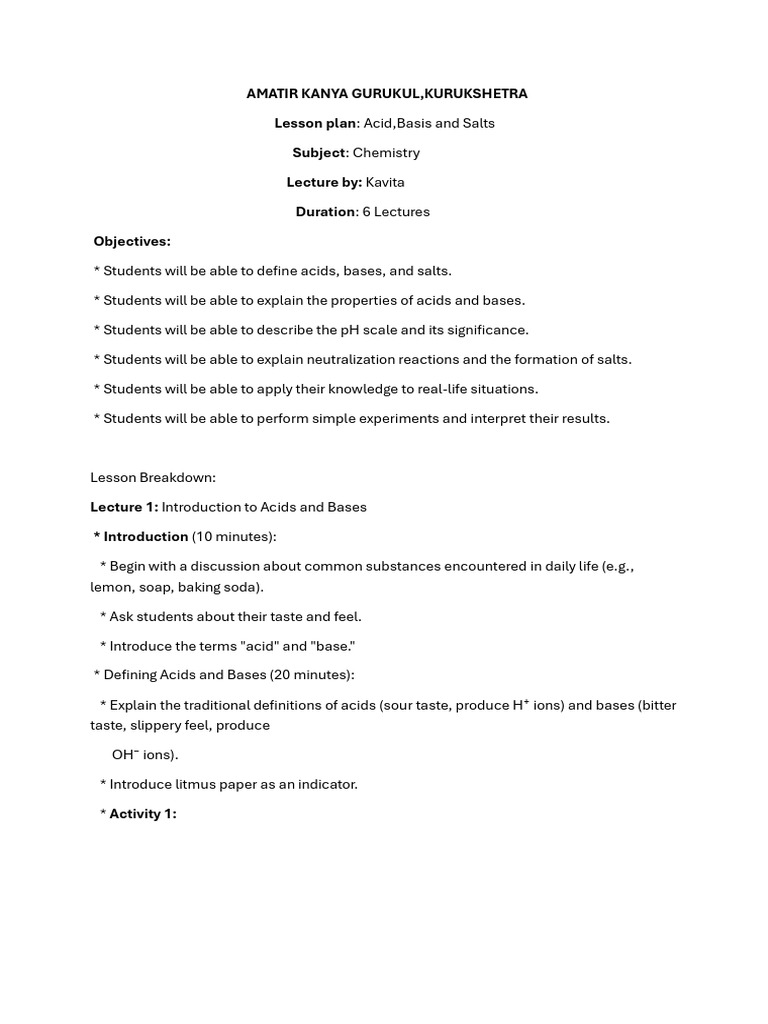 Kavita - 10th - Lesson Plan (Acid Jbasis and Salts) | PDF | Acid ...