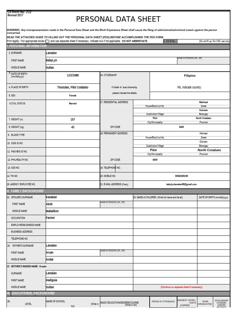 CS Form No. 212 Personal Data Sheet | PDF | Government | Justice